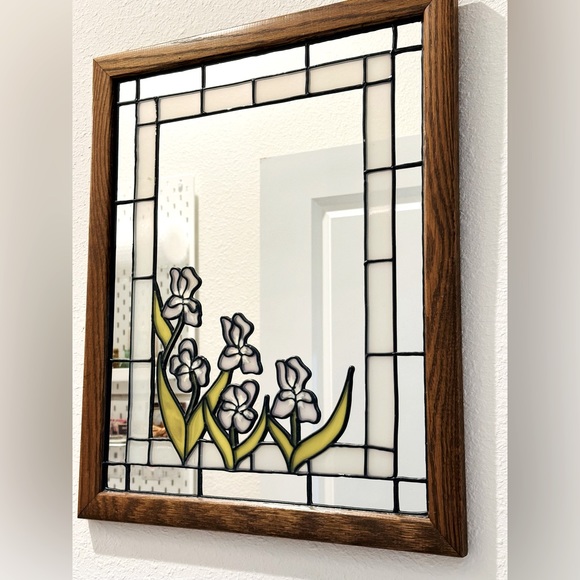 Accents | Vintage Liquid Lead Stained Mirror Panel Irises W Green ...